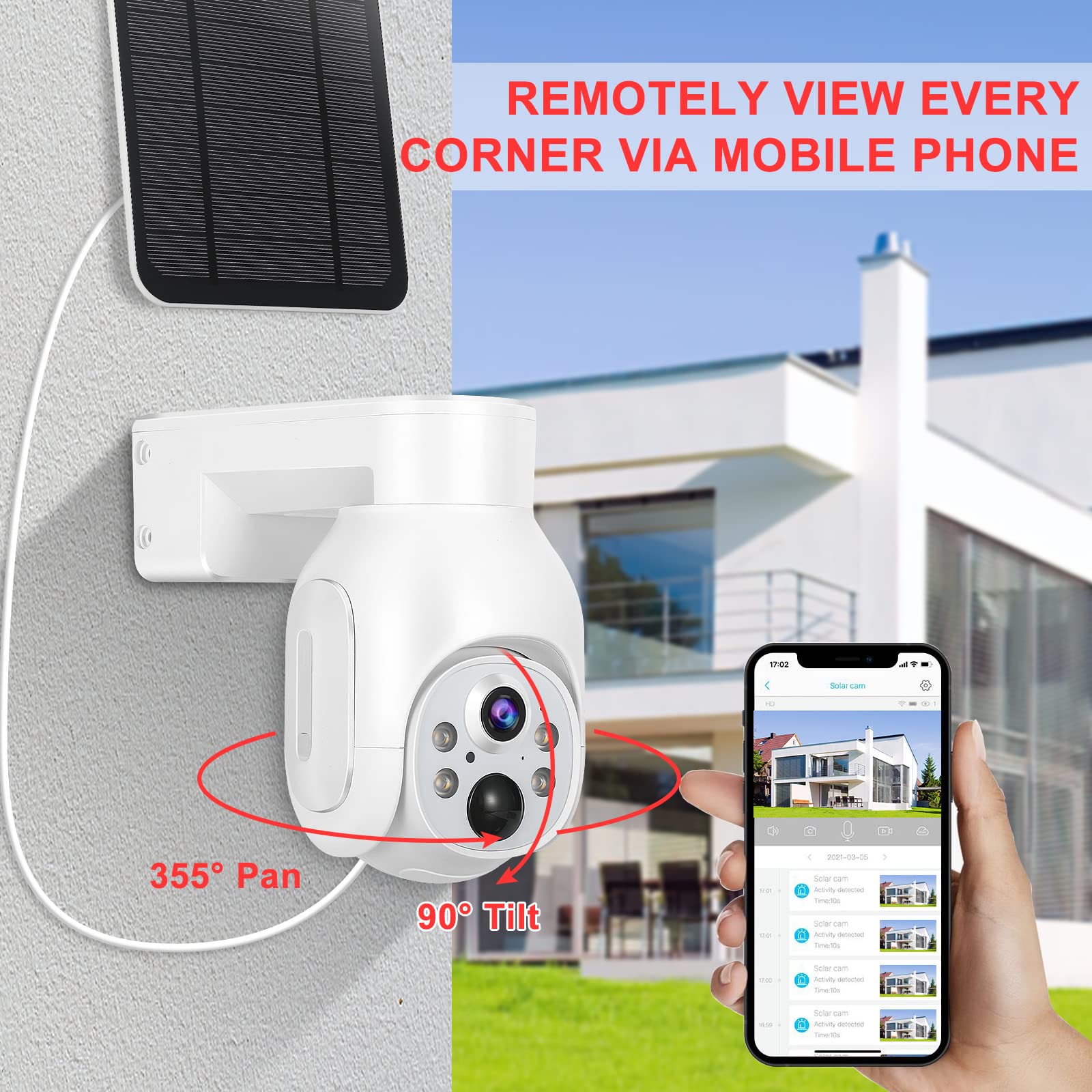 Alptop LTE Outdoor Solar Powered Cellular Security Camera PIR Motion Recording Pan Tilt 360°View Spotlight Two-Way Audio IP65 Weatherproof 1080P Night Vision