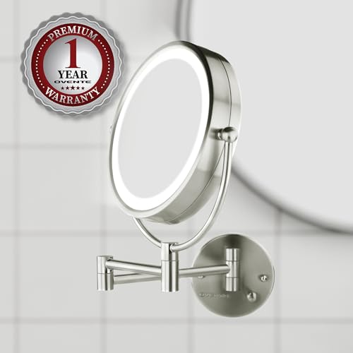 OVENTE 9" Lighted Wall Mount Makeup Mirror with 1X/7X Magnification, Double Sided Magnifying Vanity Mirror, LED Glow Light, 360° Swivel Design, Extendable & Folding Arm, Nickel Brushed MPWD3185BR1X7X