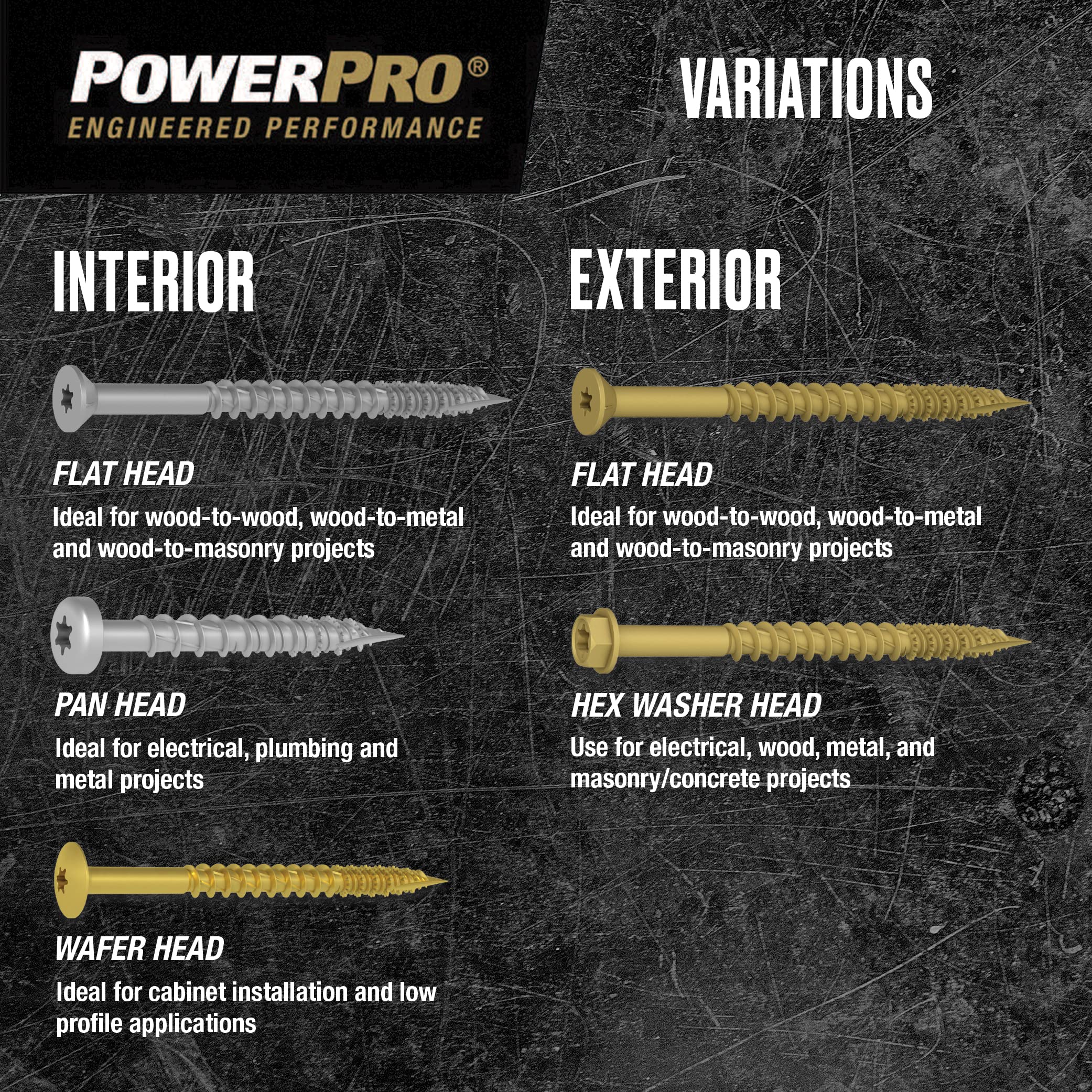 Power Pro Premium One Multi-Material Flat Head Screws, Epoxy Coated Steel, Fasten in Wood, Metal, Concrete, Drywall and Plastic, Bronze, ¼ x 3-½ inches, Box of 10 Screws