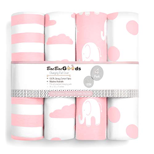 Premium Baby 4 Pack Girl Pure Jersey Machine Washable Pink and White Changing Table Cover β Diaper Changing Pad Cover Sheets