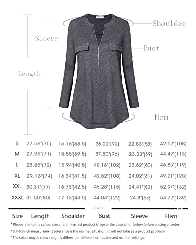 Bulotus Women's Zip Front Long Sleeve Loose Fit Tunic Blouse Casual Top,Grey,Large