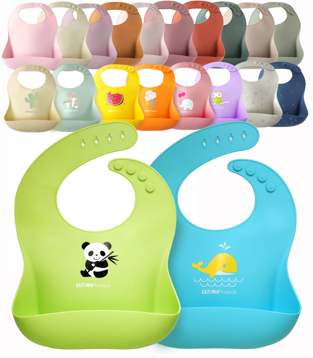 YMCF Products 2-Pack Waterproof Silicone Baby Bib Lightweight Comfortable Easy-Wipe Clean (Green/Blue, Small)