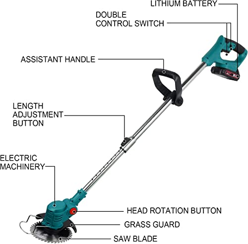Cordless String Trimmer, 21V Grass Trimmer with Wheels, Edger Lawn Tool,Electric Weed Lawn Eater Edger Grass String Trimmer Cutter Portable with 2 Batteries (Blue)