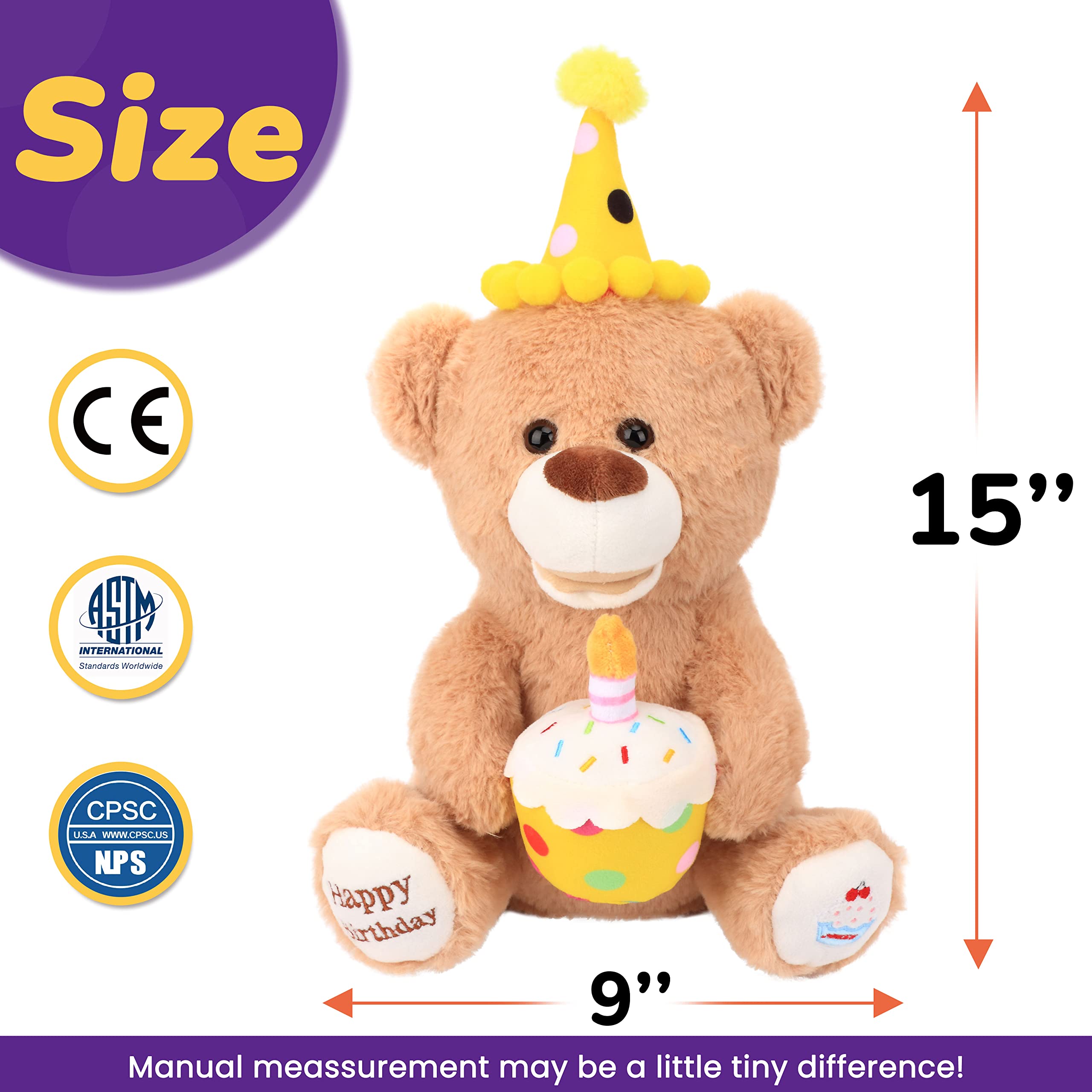 Hopearl Adorable Happy Birthday Teddy Bear with Glowing Cupcake Musical Stuffed Animal Bear Singing and Shaking Plush Toy Interactive Animated Kids Gifts, Brown, 15ββ
