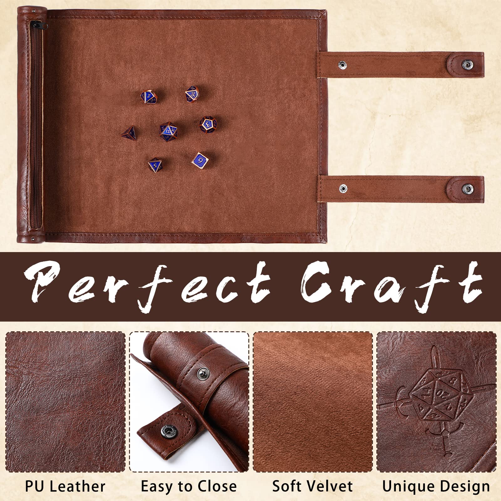 Civaner Dice Mat Tray Rolling Mat with Zipper PU Leather Folding Scroll Dice Bag Dice Holder Dice Table Christmas Game Accessories(Brown, Black)