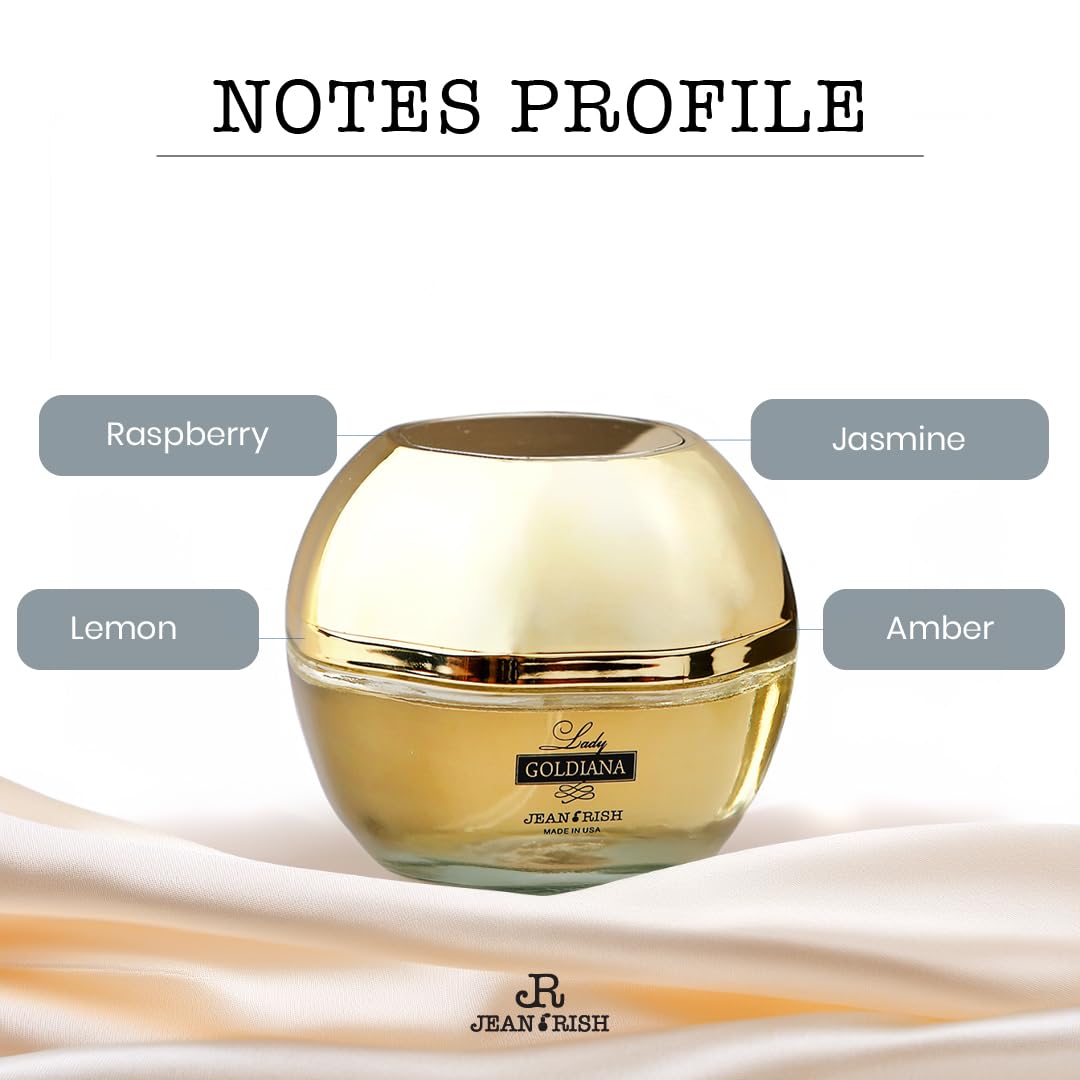 Jean Rish Lady Goldiana Eau De Parfume - Perfume for Women (3.4 Fl Oz / 100ml) with Jasmine, White Honey & Raspberry Notes - Long Lasting and Luxury Fragrance
