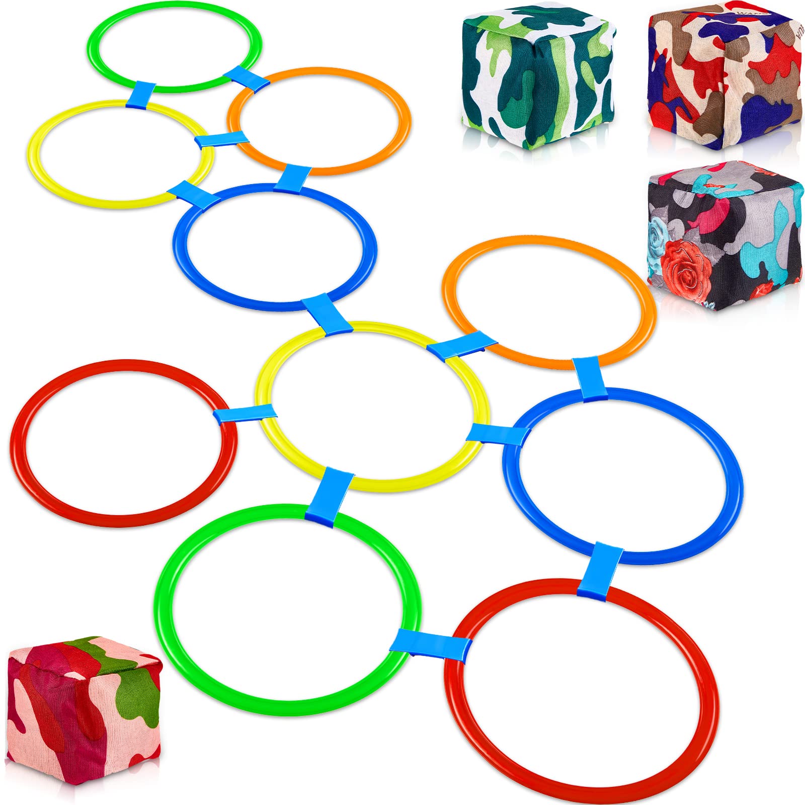 Hopscotch Game Outdoor Games for Kids 10 Plastic Rings 5 Colored and 18 Connectors 4 Bean Bags Indoor or Outdoor Game Obstacle Course for Kids Training (Circle)