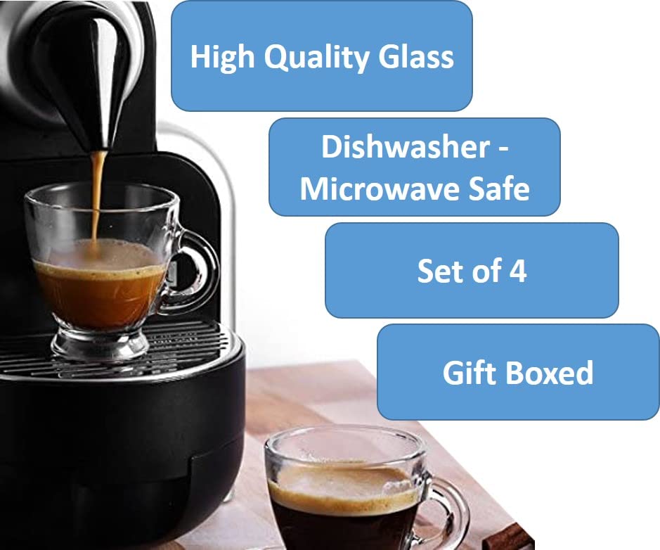 BOHEM'S Espresso Cups, 3.2 oz Small Demitasse Clear Glass Espresso Drinkware Set, Espresso Shot Glasses, Clear Expresso Coffee Cups, Tazas de Cafe Expreso (Set of 4)