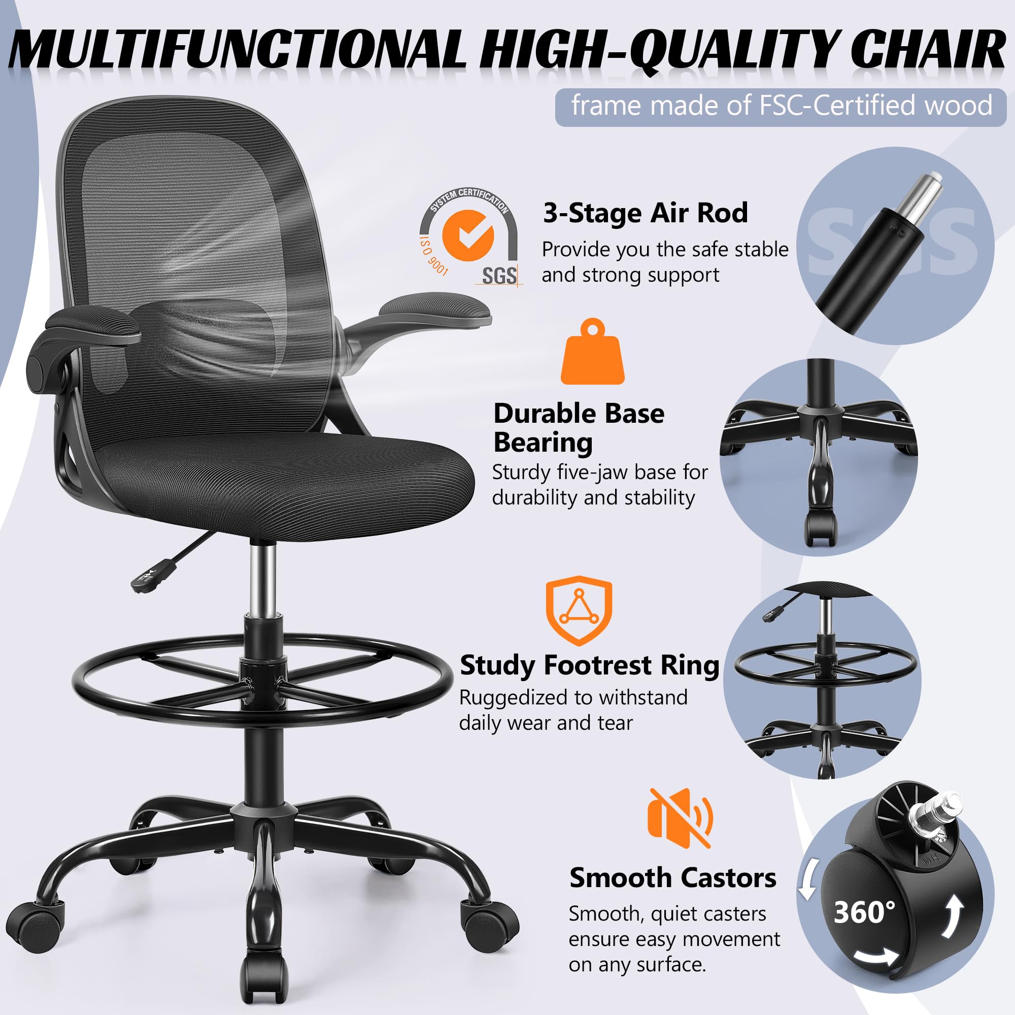 AtHope Drafting Chair, Tall Office Chair Ergonomic Standing Desk Chair,with Adjustable Footrest Ring, 3D Lumbar Support, Flip-up Armrests, Swivel Desk Stool for Drawing Working (Black)