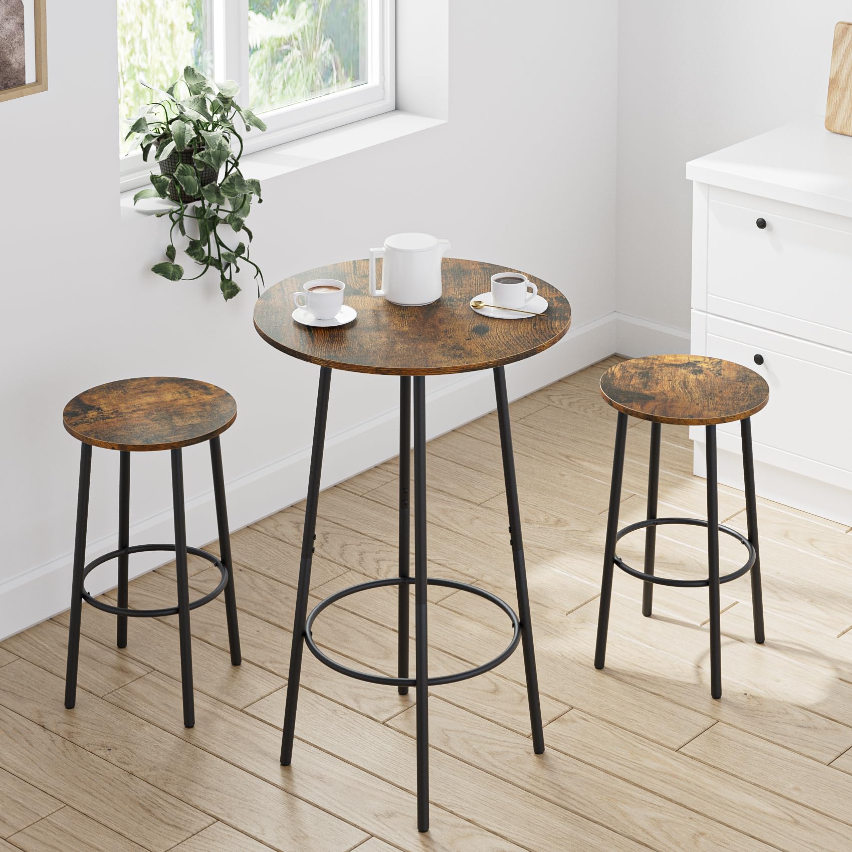 AEPOALUA 3 Piece Bar Table Set, Round Bar Table and Chairs Set of 2, Pub Dining Table Set Counter Height, Bar Stool Table for Breakfast Nook, Dinning Room, Living Room, Rustic Brown(23.6")