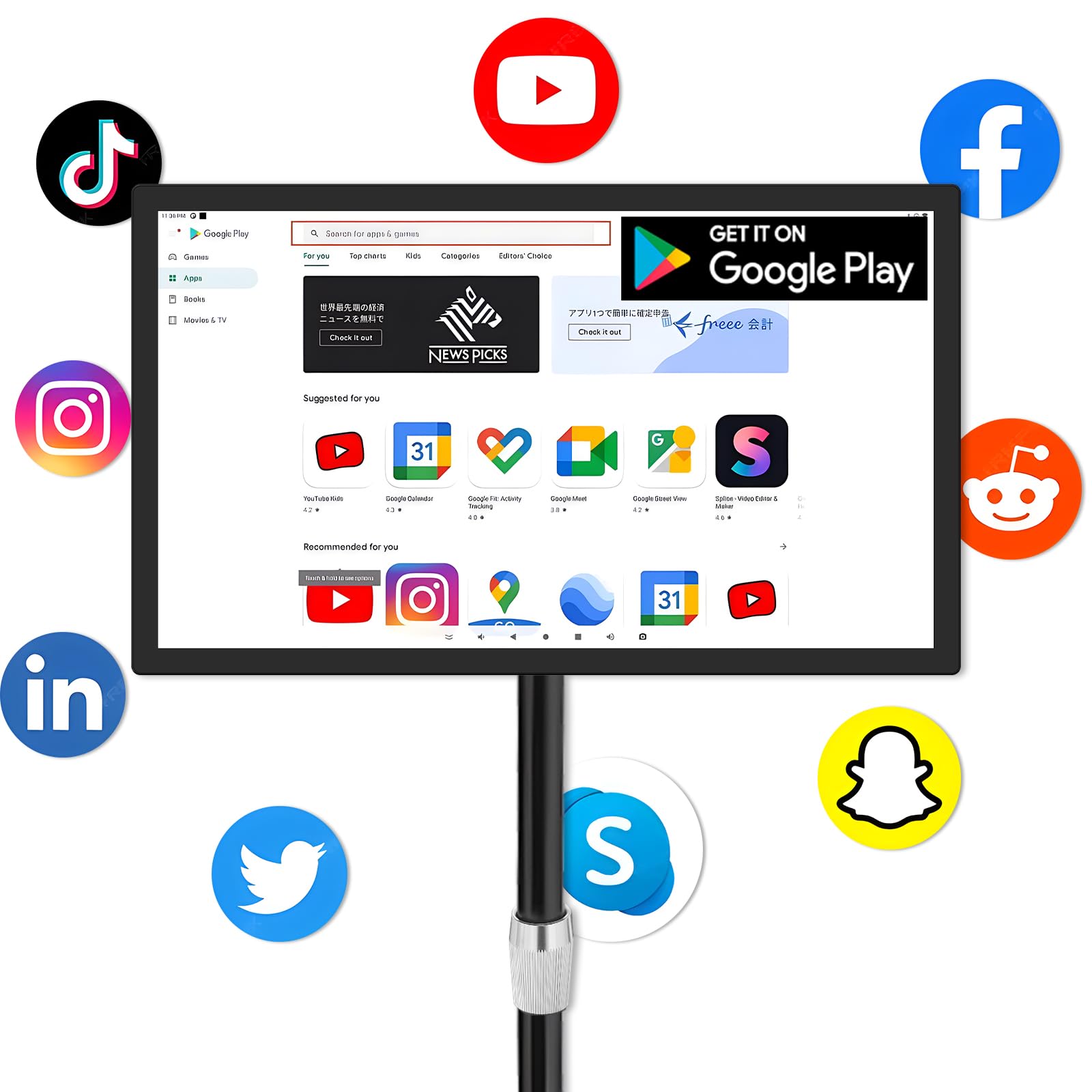 AYSTekMann 15.6'' Interactive LCD Digital Signage Display Advertising Kiosk with wireless screen mirroring,5G WiFi 4+64GB With Auto Play All in One Android with Adjustable Metal Floor Stand