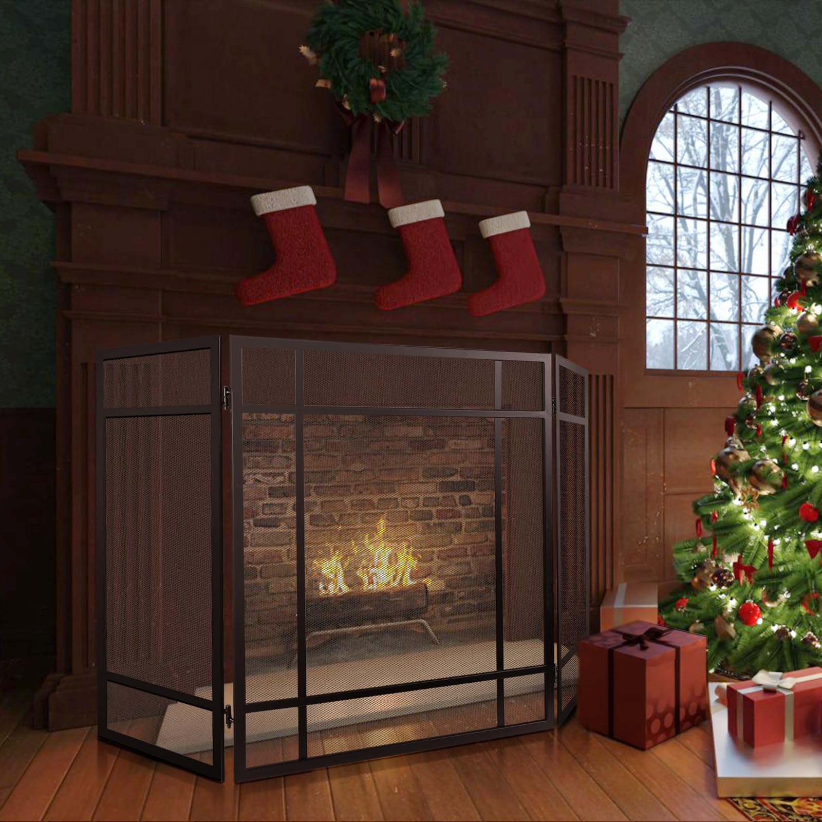 ATiyyo Fireplace Screen with Metal Mesh Foldable 3 Panel Fireplace Cover for Wood Burning Fireplace Wrought Iron Fire Spark Guard Indoor Outdoor (Black)