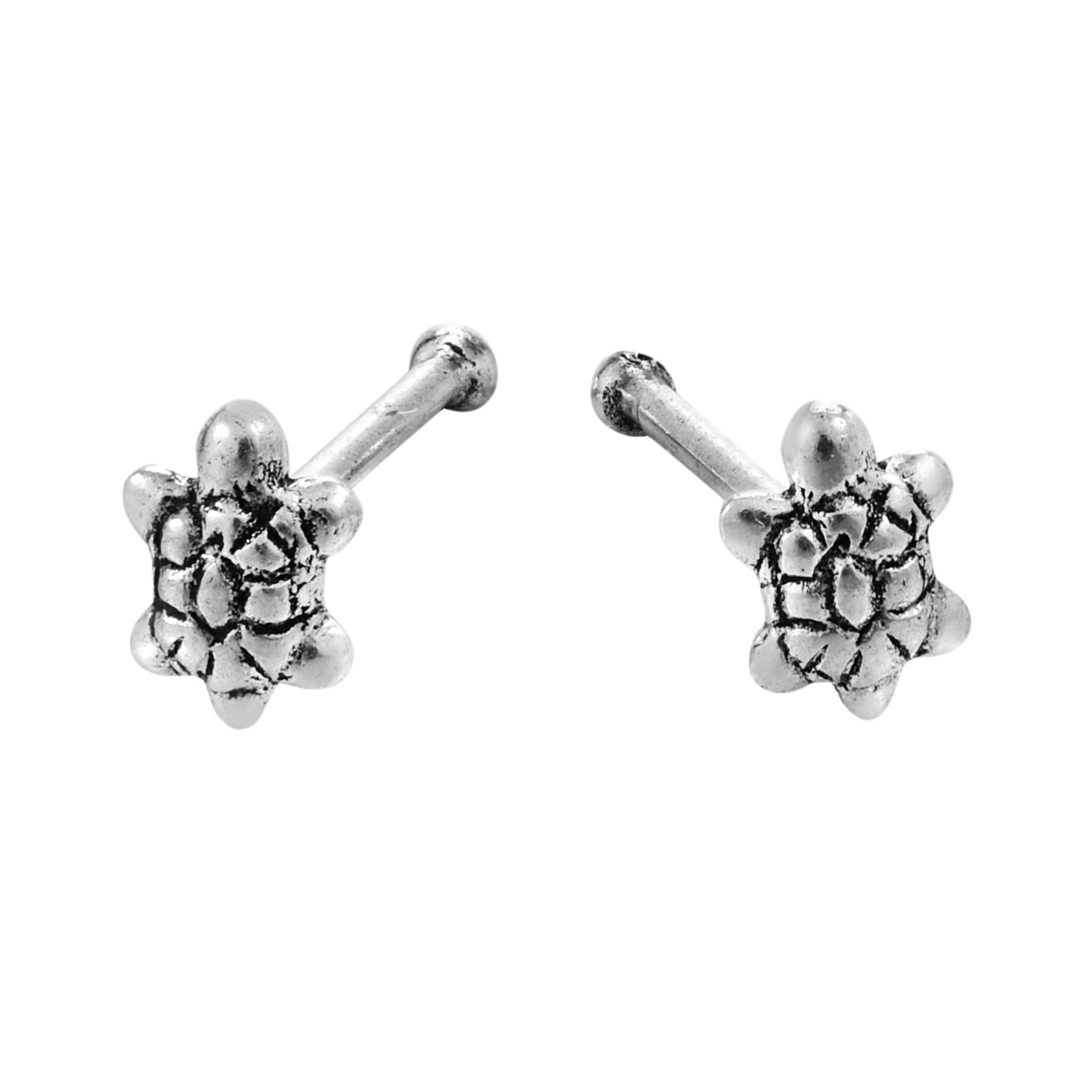 AeraVida 22G A Pair of Adorable Turtles Oxidized Sterling Silver Nose Ring | Turtle Nose Ring Stud | Turtle Nose Piercing Jewelry | Nose Ring Bone Stud Small