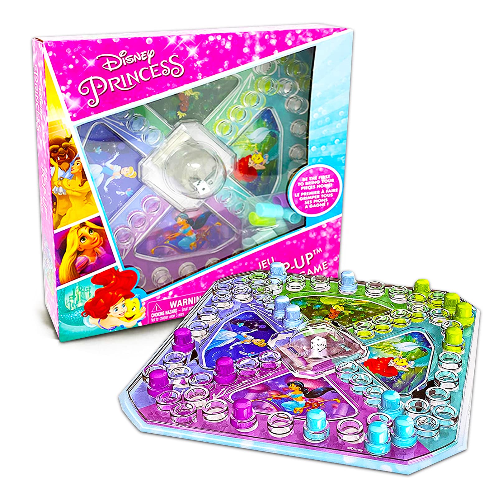 Disney Princess Pop Up Game ~ 3 Pc Bundle with Disney Princess Board Game for Kids with Pop Up Dice, Palace Pets Stickers, and Door Hanger (Princess Party Favors)