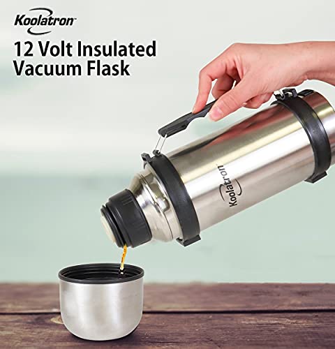Koolatron 12V Insulated Vacuum Flask with Heater, 1L Silver and Black Stainless Steel, Push Button Dispenser, for Car, SUV, Truck, RV, Boat