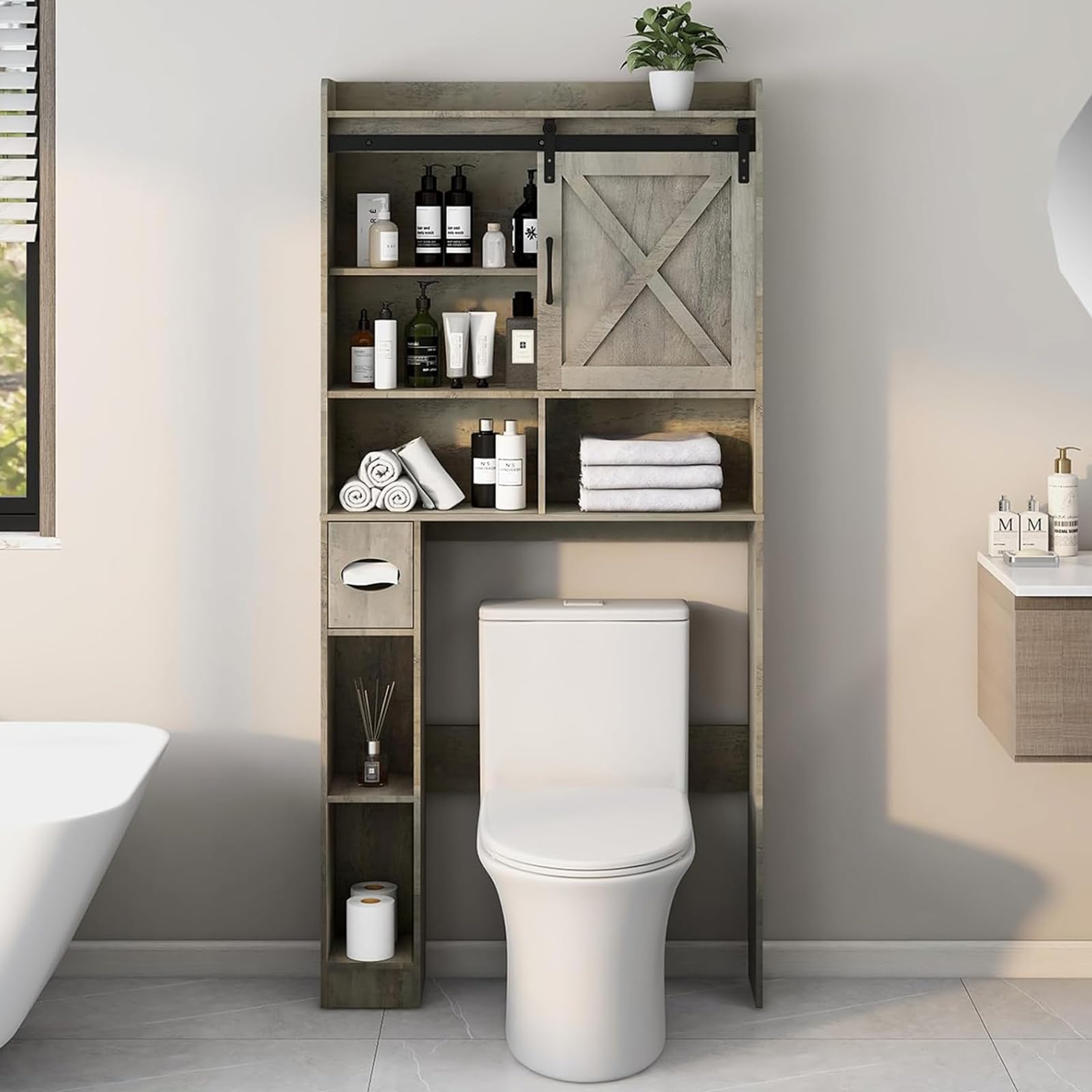 Over The Toilet Storage Cabinet, Farmhouse Storage Cabinet Over Toilet with Sliding Barn Door & Toilet Paper Holder Stand,Home Space-Saving Toilet Rack, for Bathroom, Restroom, Laundry