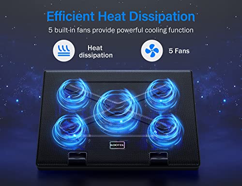 Kootek Laptop Cooling Pad 12"-17" Cooler Pad Chill Mat 5 Quiet Fans LED Lights and 2 USB 2.0 Ports Adjustable Mounts Laptop Stand Height Angle, Blue