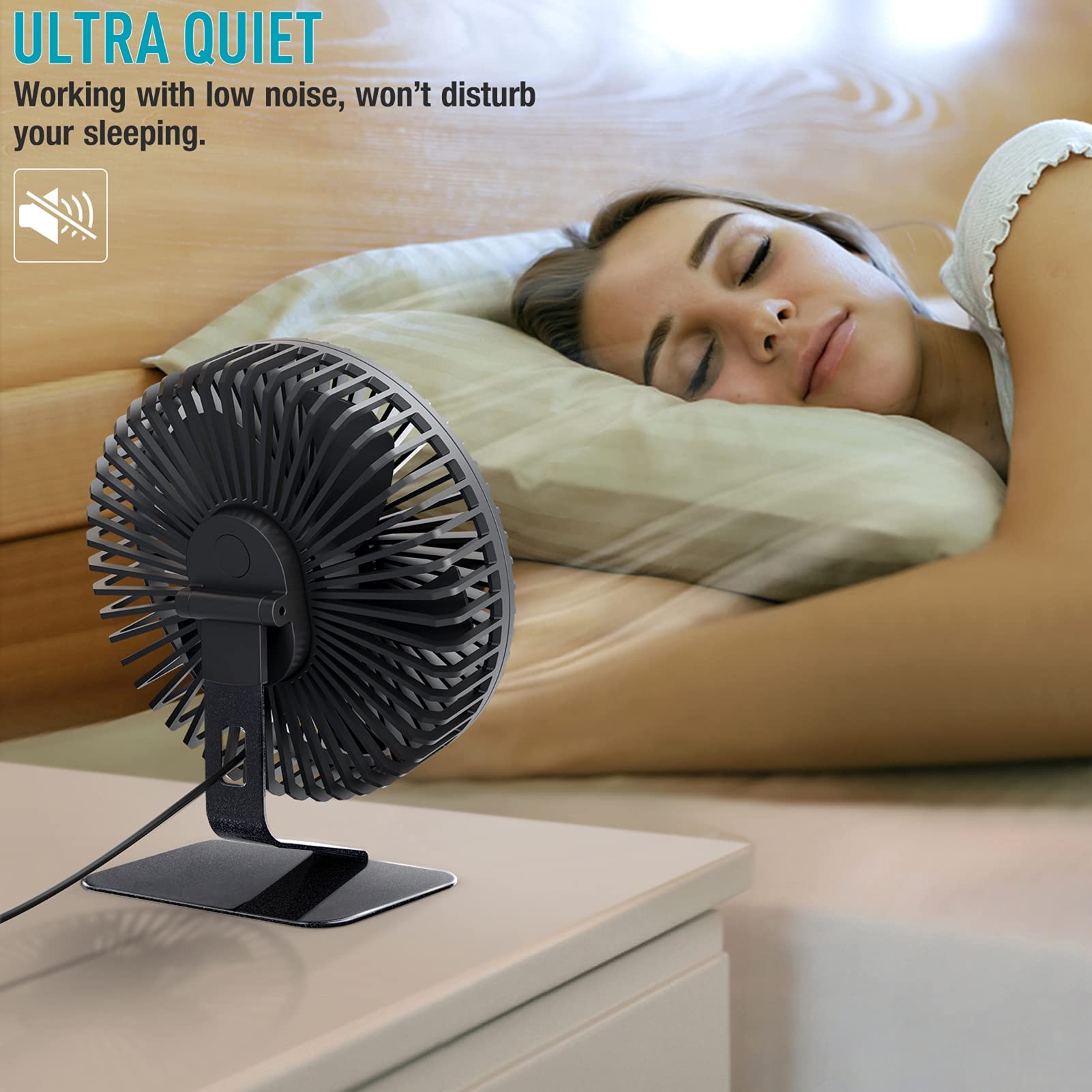 xasla 6'' USB Desk Fan, 4 Speeds Small Desk Fan, Ultra Quiet Electric Plug In, 90° Adjustment, Strong Wind, USB Powered, Portable Desktop Table Fan for Home Office