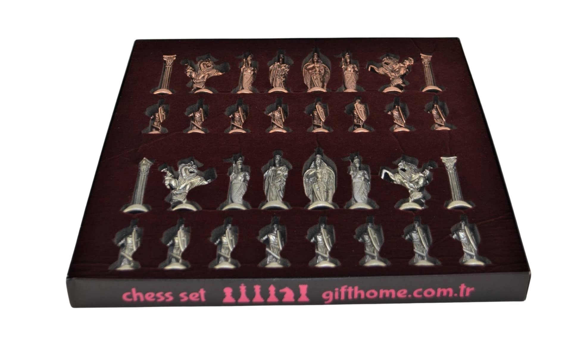 GiftHome Medieval British Army Antique Copper Metal Chess Set for Adults,Handmade Pieces and Natural Solid Wooden Chess Board with Storage Inside King 3.35inc