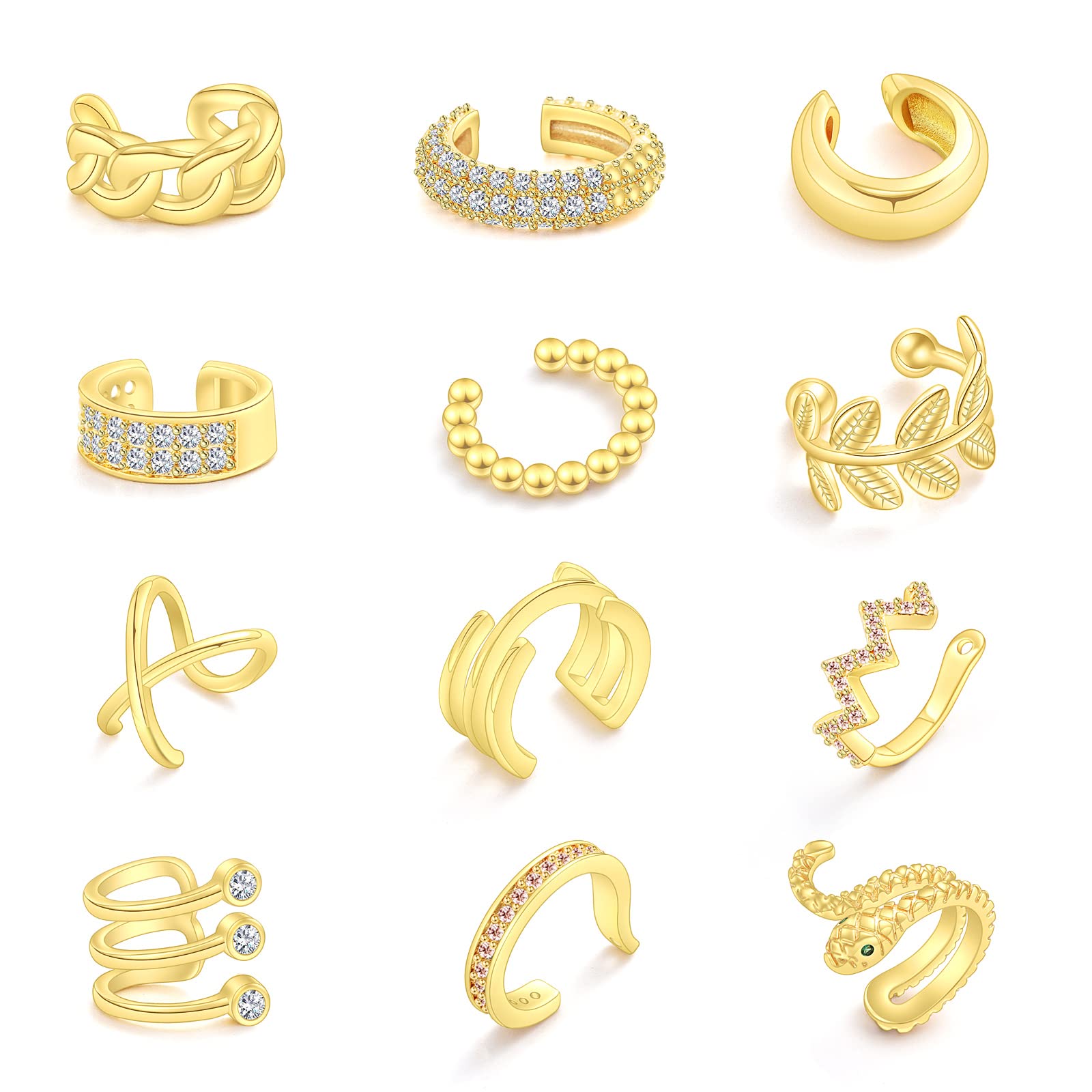ALYXUY Gold Ear Cuff Non Piercing For Women, 14K Gold Plated Hypoallergenic Huggie Cross Ear Cuff Earrings(12pcs) (KC010-2)
