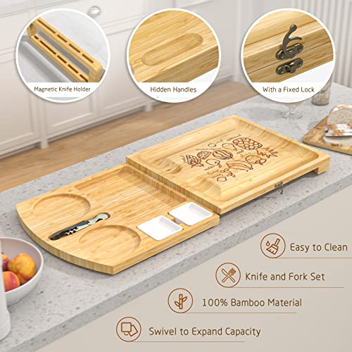 Cheese Board Charcuterie Board Set - Swiveling Wine Meat Cheese Platter Bamboo Cheese Server with Knives, Forks, Wine Opener, Ceramic Bowls for Gathering Party - Warming Gift for Women Friend