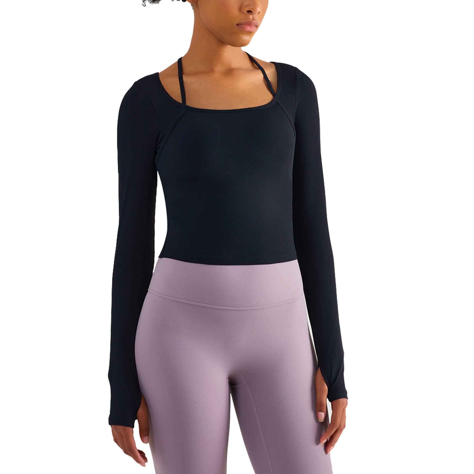 altiland Long Sleeve Workout Shirts for Women with Built in Bra, Fitted Athletic Running Crop Top Ribbed Tee Shirts(Black,M)