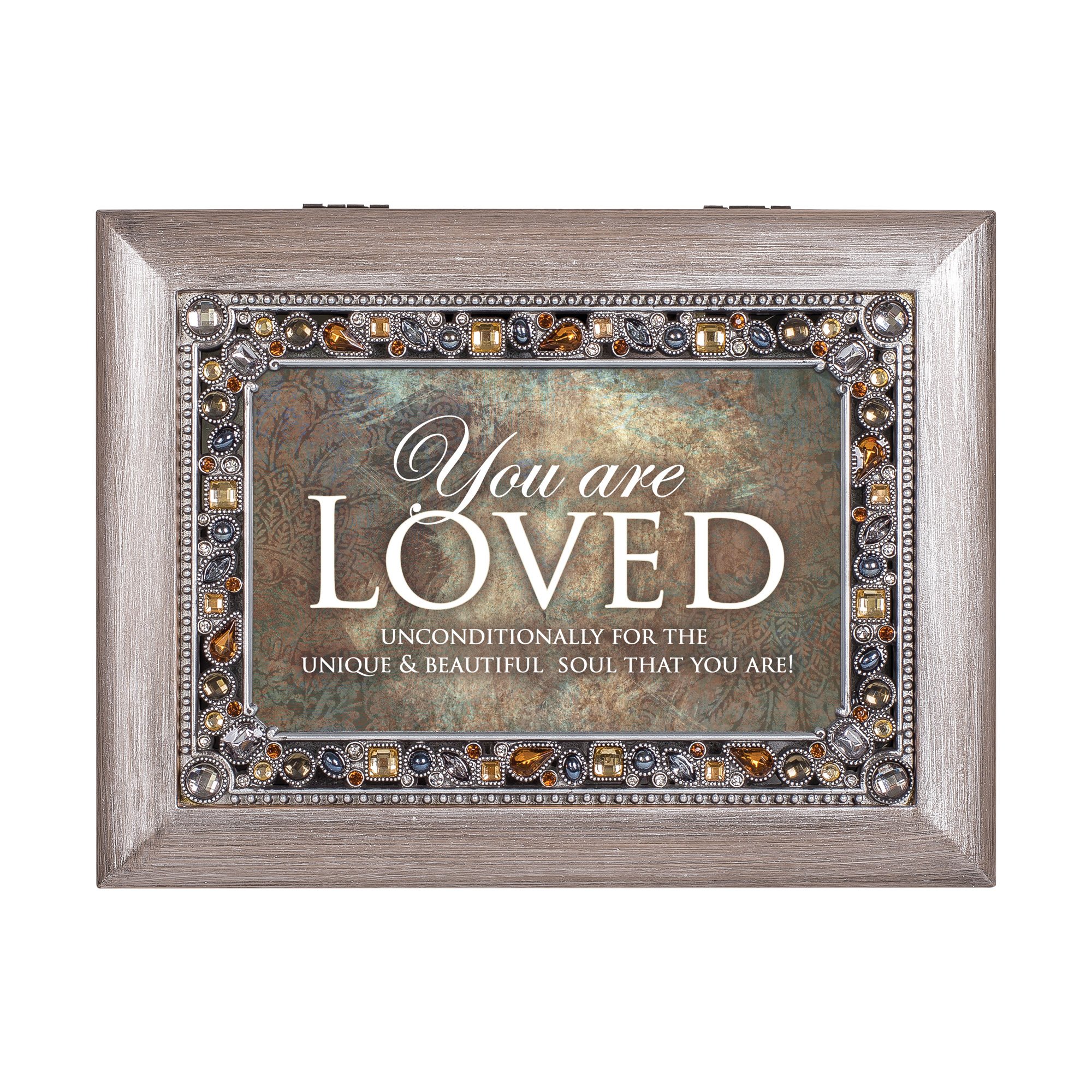 Cottage Garden Loved Unconditionally Brushed Pewter Jewelry Music Box Plays Wonderful World