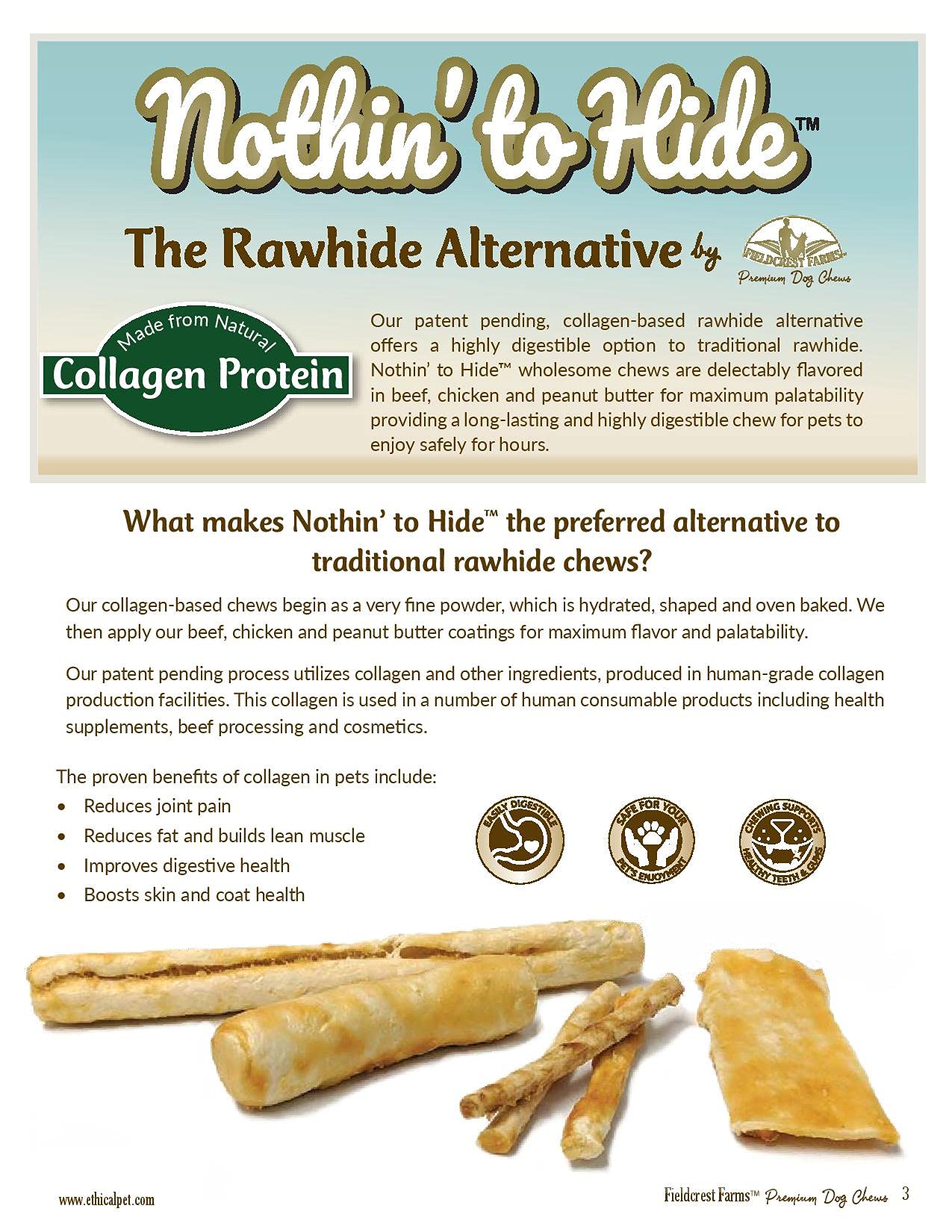 Fieldcrest Farms Nothing to Hide Natural Rawhide Alternative Large 10'' Rolls for Dogs - 3 Pack (6 Chews) Premium Grade Easily Digestible Chews - Great for Dental Health (Beef)