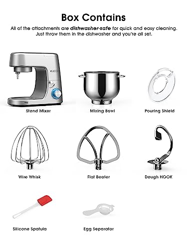 KUCCU Stand Mixer, 8.5 Qt 660W, 6-Speed Tilt-Head Food Dough Mixer, Electric Kitchen Mixer with Dough Hook, Flat Beater & Wire Whisk, Mixing Bowl (8.5-QT, Silver)