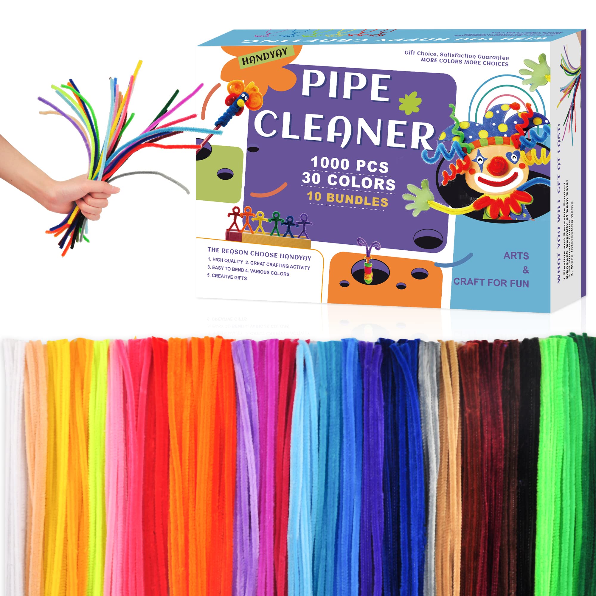 HANDYAY 1000 Pieces Pipe Cleaners Assorted 30 Colors of Craft Chenille Stems-Multicolored Pipe Cleaner for Craft Supplies & DIY Art Creative Craft Value Set (6mm x 12inch)