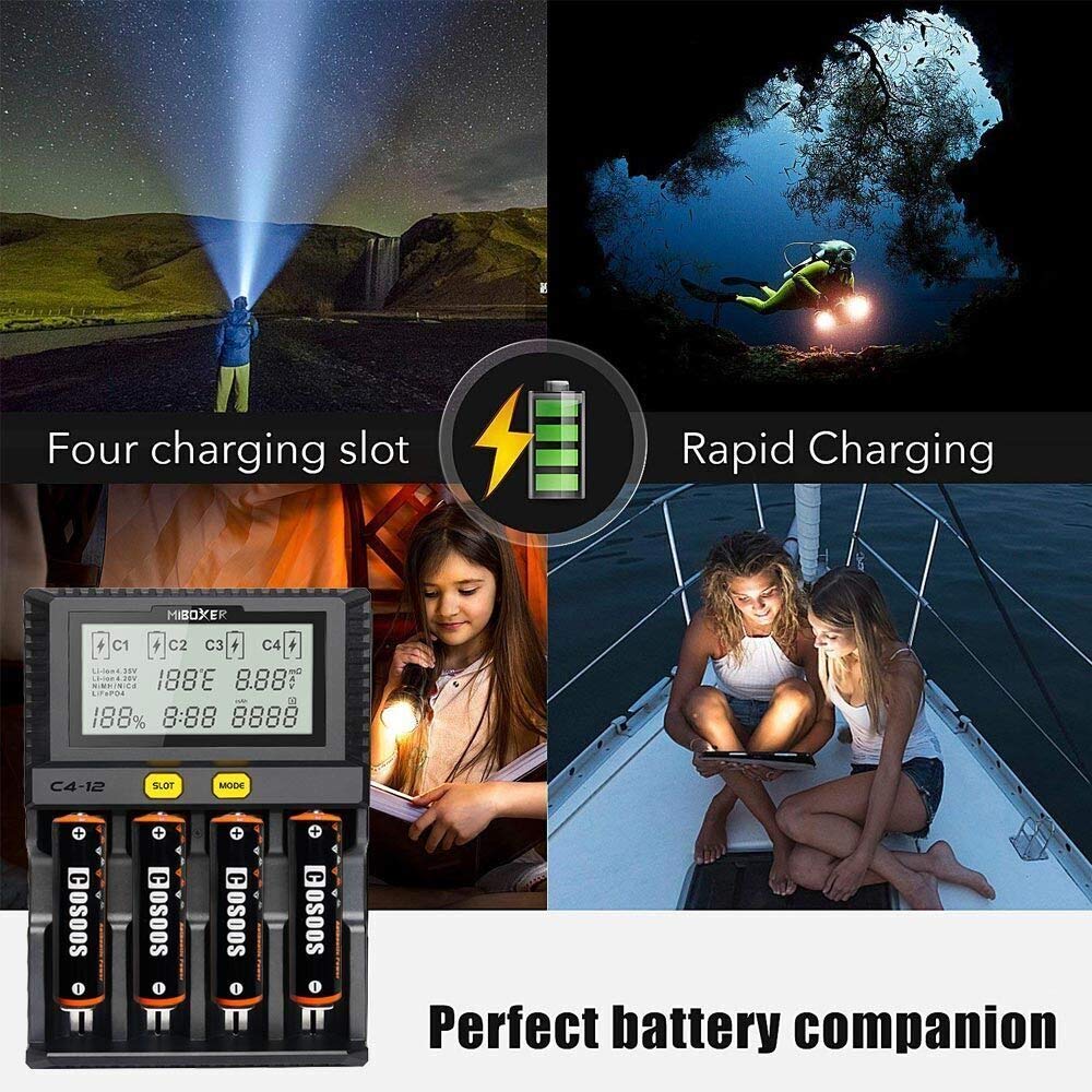 MiBOXER Fastest 18650 Battery Charger,3A/Bay Quick Charging Chargeable AA AAA D 26650 18490 18350 18500 RCR123 Li-ion/IMR/INR/ICR/Ni-MH/Ni-Cd,LCD Display,Smart Temperature Control