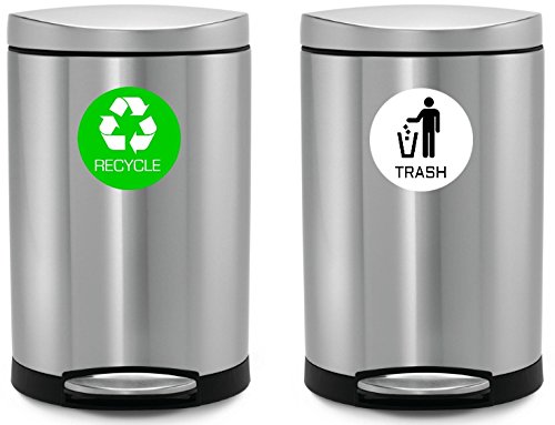 Recycle & Trash Stickers (2 Trash + 2 Recycle, Premium Quality) for Use on Trash Cans & Recycle Bins of All Types; 4" Round with Adhesive on Back (2 White Trash + 2 Green Recycle)