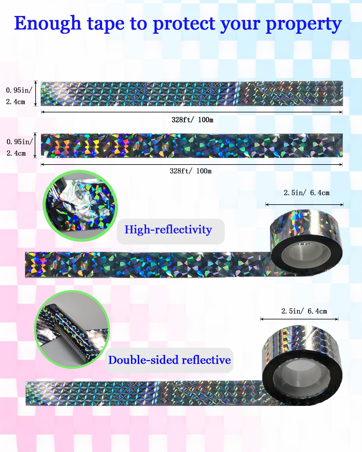 Whtawtaw 2 Rolls 328 FT Bird Scare Tape Ribbon, Deterrent Visual Audible Reflective Tape to Keep Away Birds, Holographic Double Sided Flash Tape for Outdoor, Garden, Balcony