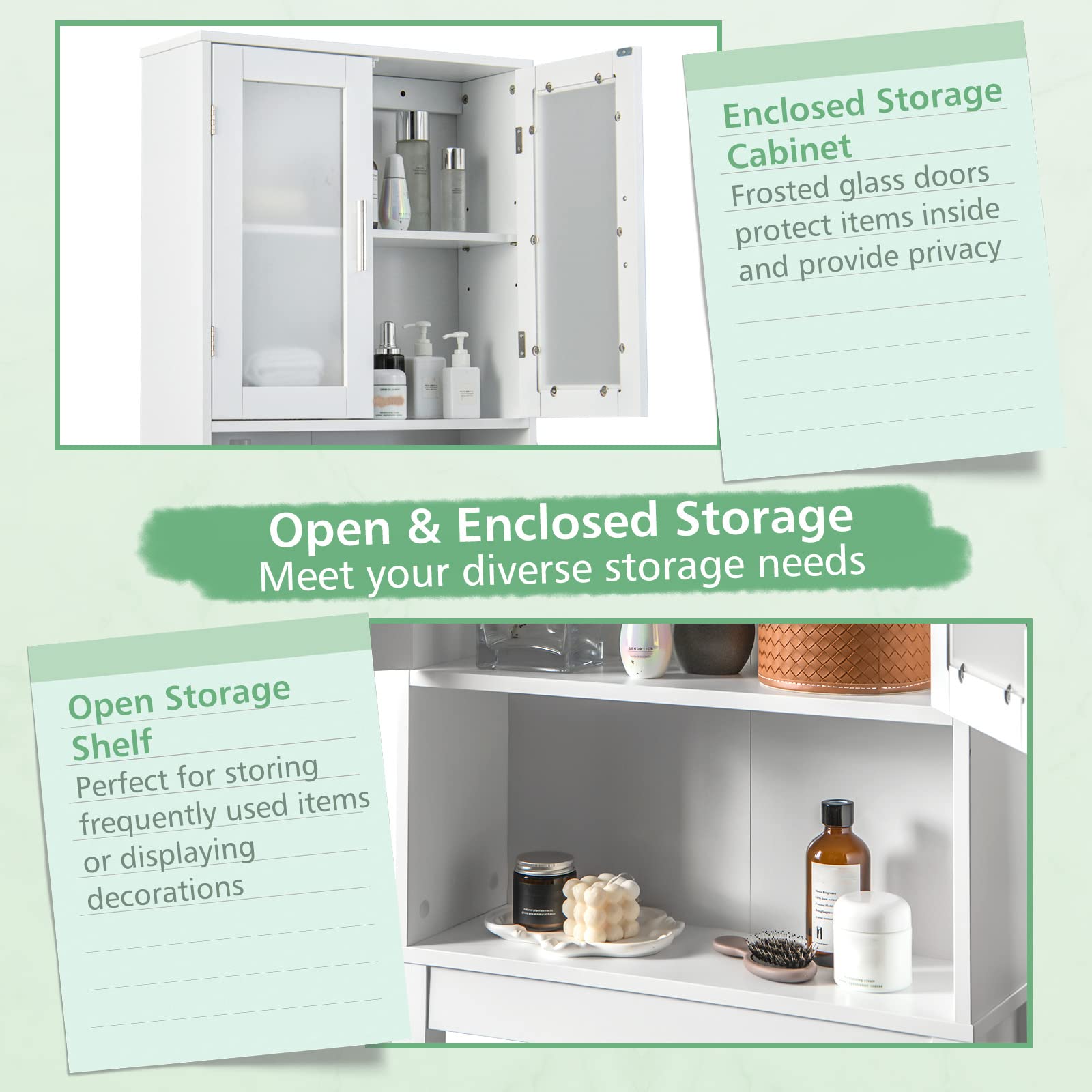 BestComfort Over The Toilet Storage Cabinet, Bathroom Organizer with Frosted Glass Doors, Adjustable Shelf, Open Compartment, Freestanding Over Toilet Rack Unit for Washroom Laundry (67'' H)