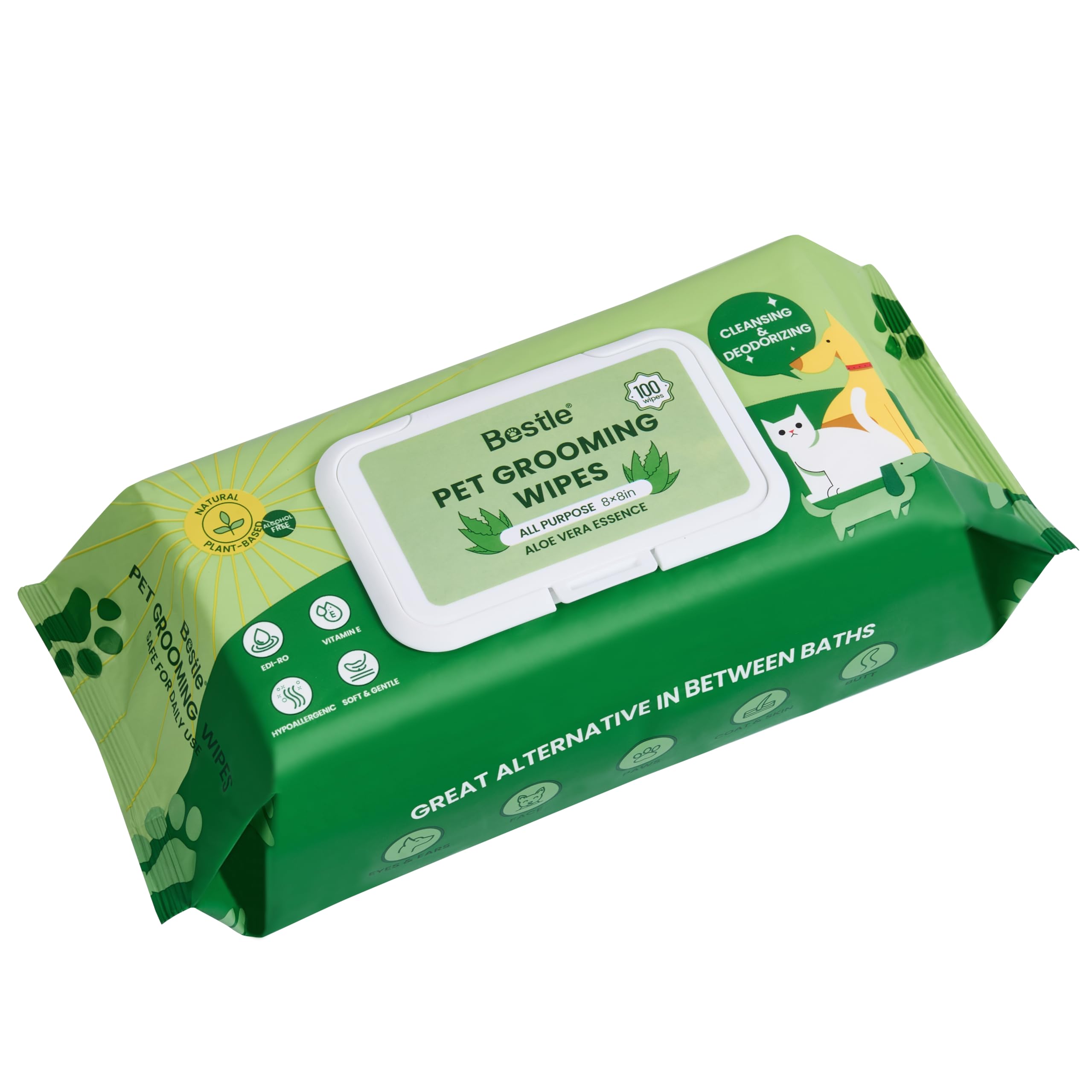 BESTLE Dog Wipes, 100 Count Pet Grooming Wipes, Conditioning Shine Coat, Cleaning and Deodorizing, Pet Wipes for Dogs & Cats, for Sensitive Skin (Aloe Vera)