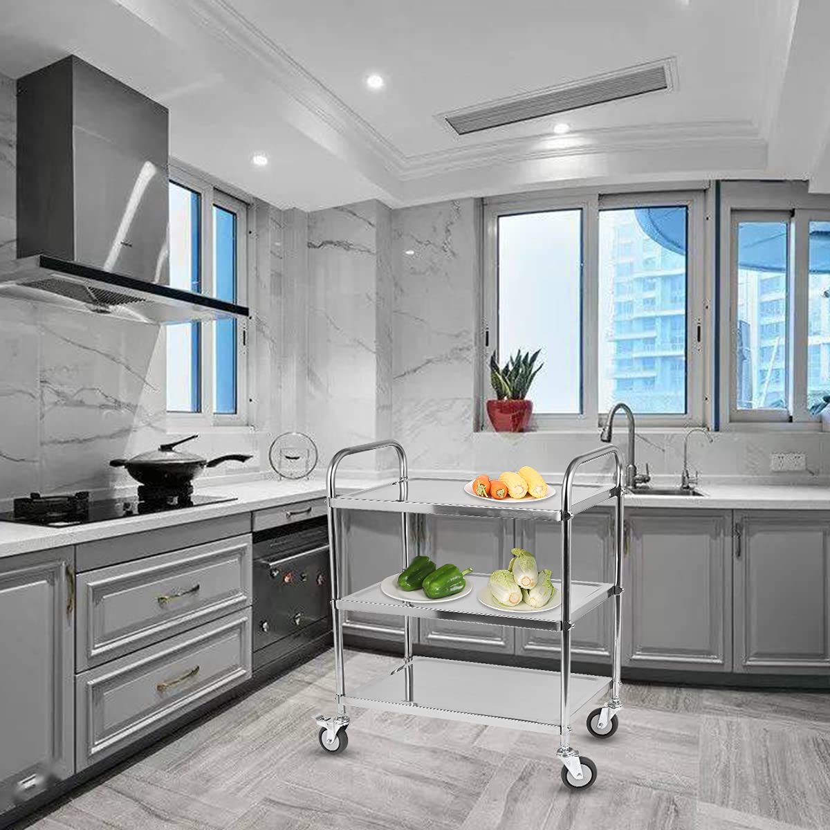 Amarite 3 Shelf Stainless Steel cart,420 lbs,1MM Thick,Serving cart with Wheels, Household, Service Trolley,360°Rotation Storage Shelf with Locking Wheels(29.5*15.8*37.4)'' Stainless Utility cart.