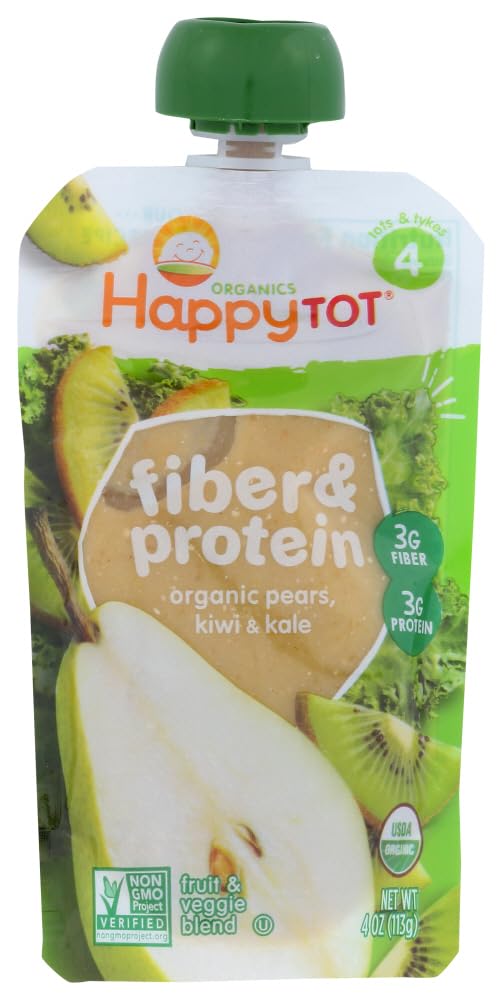 Happy Tot Fiber & Protein Stage 4 Organic Toddler Food Pears Kiwi & Kale, 4 Ounce Pouch Fruit and Veggie Blend Toddler Snack Pouch, 3g Protein and Fiber, Dairy Free Gluten Free Kosher
