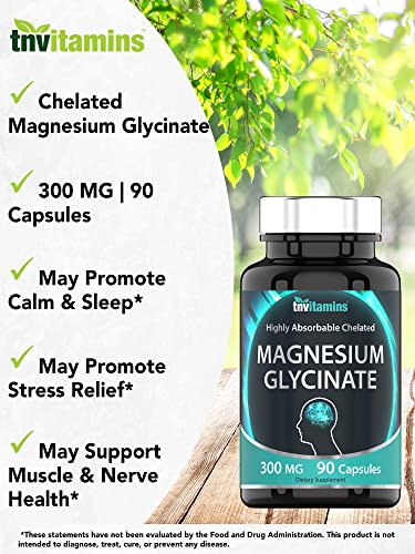 Chelated Magnesium Glycinate Capsules (300 MG x 90 Count) for Women & Men | AKA Magnesium Bisglycinate | Highly Absorbable | Calm, Sleep, Muscle, Nerve, & Stress Support* | by TNVitamins