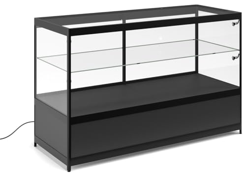 Displays2go 60 Inch Glass Showcase, Hidden Storage, LED Lights, Lockable Sliding Door - Black (IAPHV60LED)