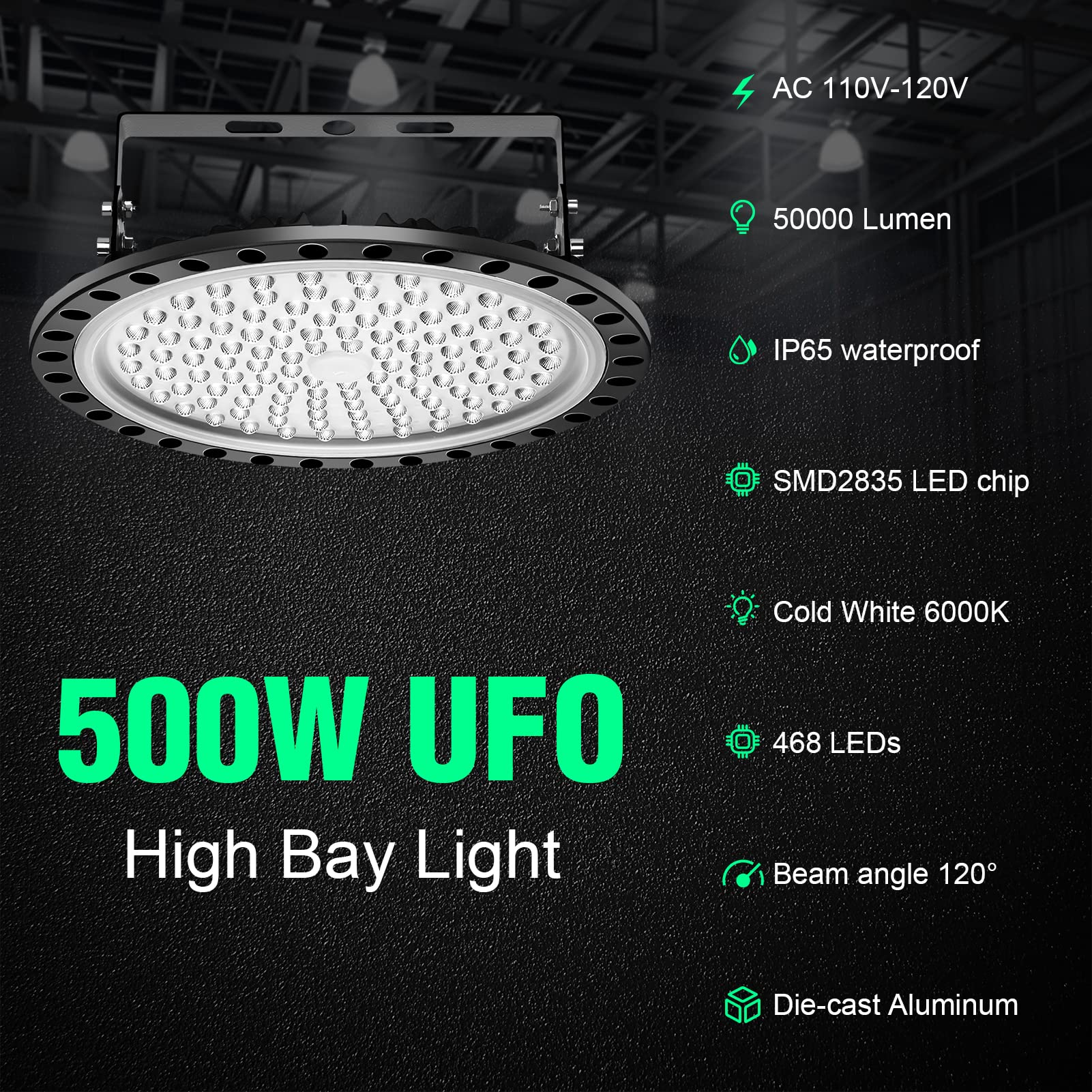 Viugreum 500W UFO LED High Bay Light, 50000LM 6000K-6500K Daylight White Ultra Thin LED Warehouse Lighting, IP65 Waterproof Commercial Bay Lighting for Garage Barn Workshop Residential