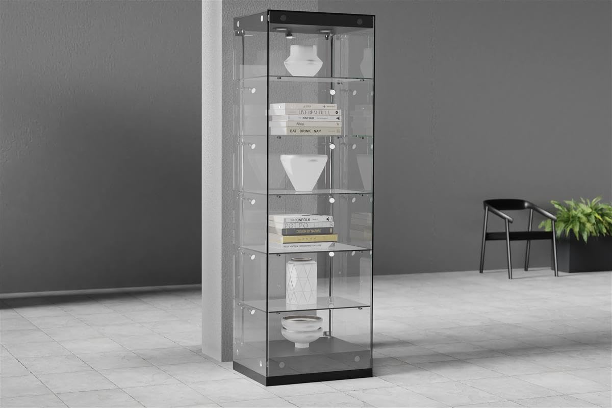 Displays2go Display Show Case with LED Lighting, Glass Shelves, Locking Door, MDF Top & Base β Clear & Black (GTAP24LEDB)
