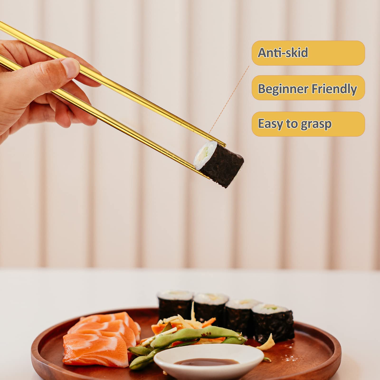 OIULO Gold Stainless Steel Chopsticks - Reusable Chopsticks - 5 Pairs Dishwasher Safe Metal Chopsticks - Easy to Use - Pressure Line Lightweight Chop Sticks- Gift Set(9 Inch )