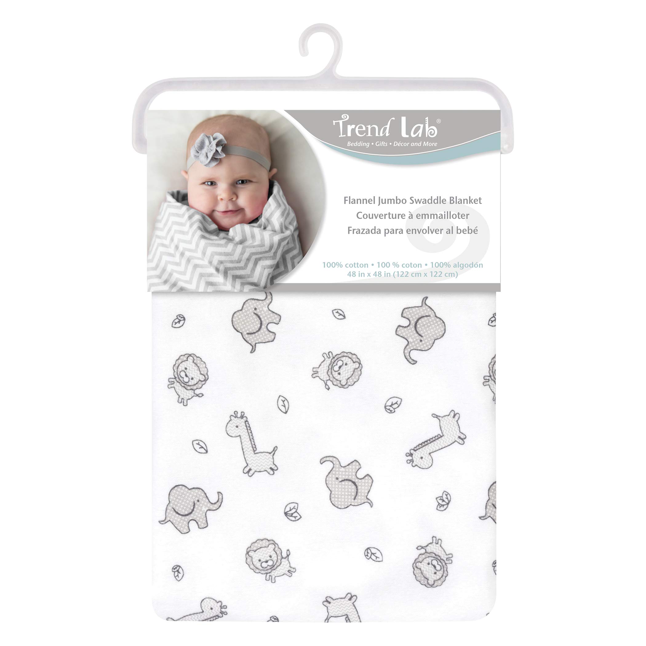 Trend Lab Safari Chevron Jumbo Deluxe Flannel Swaddle Blanket-Safari Animal Print, 100% Cotton Flannel, Gray, White, 48 in x 48 in