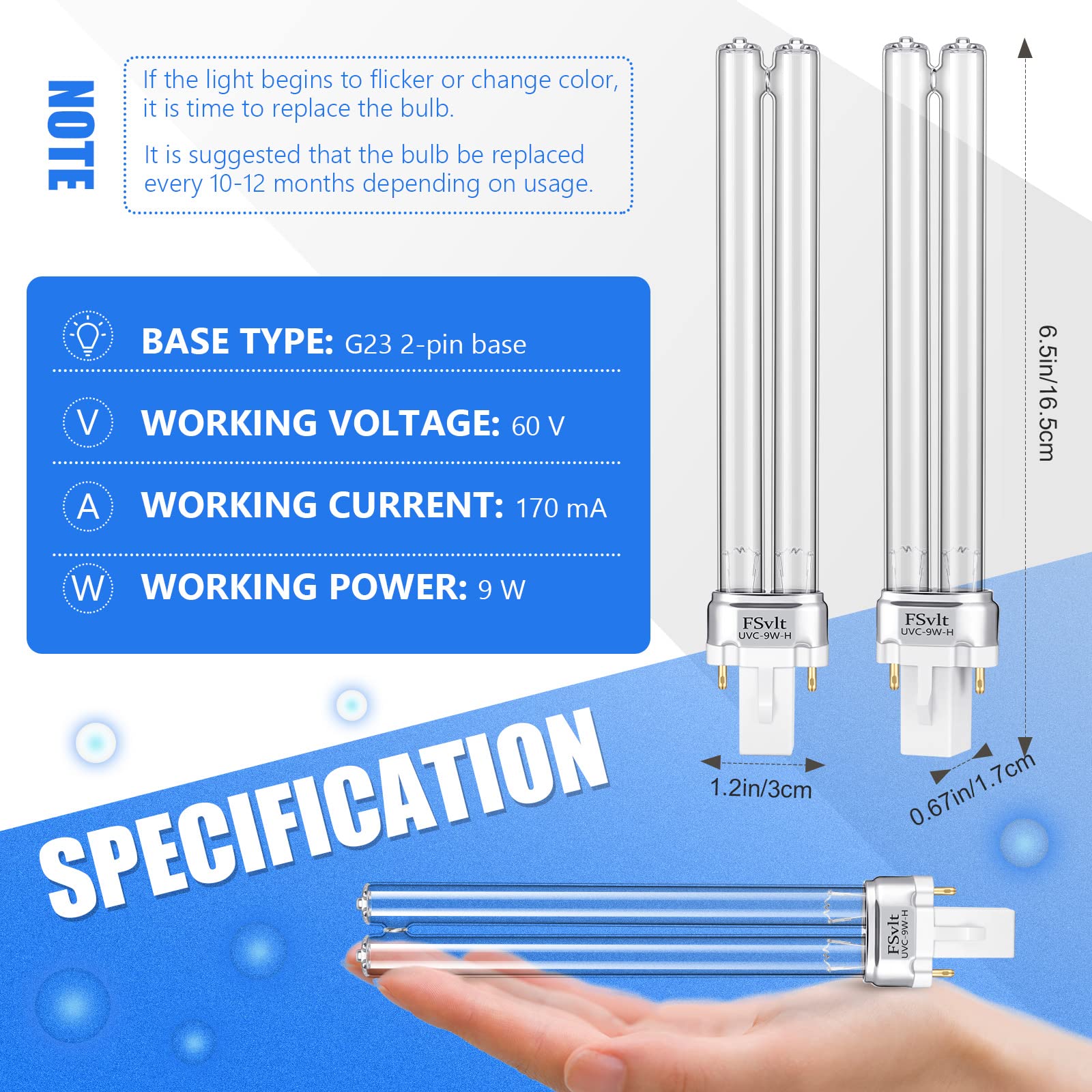 Kittmip 2 Pieces UV UV-C Light Bulbs 9W G23 Base Replacement Bulb for Outdoor Pond Clarifier Lamp Compatible with UVE9 CF400 CF500 UVCP-9 JUP-01 303B 304B D200 R18 R18D R2000