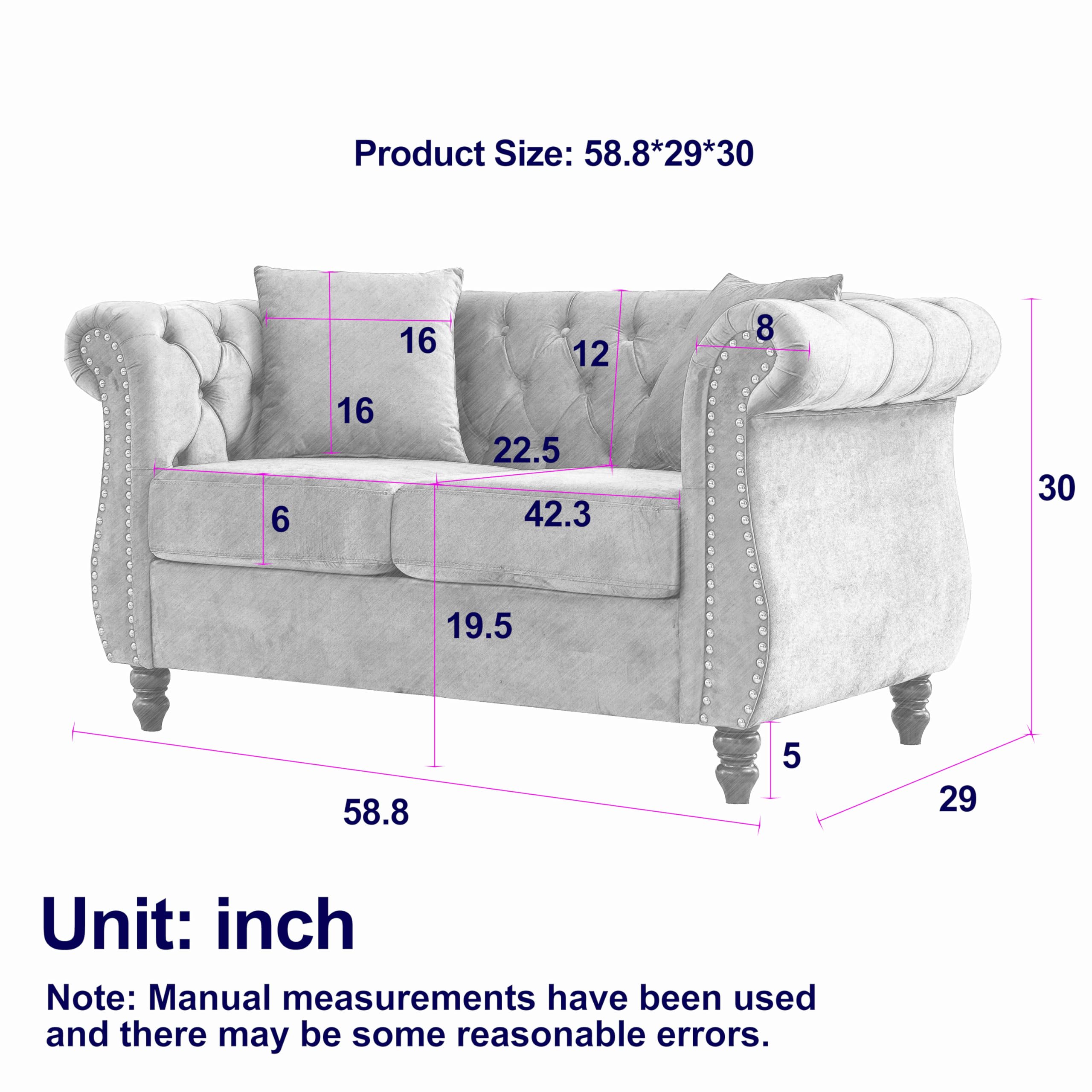 ATUMON 59" Chesterfield Loveseat Velvet Sofa for Living Room,2-Seater Sofa Tufted Couch with Two Pillows,Rolled Arms and Nailhead for Living Room, Bedroom, Office Black