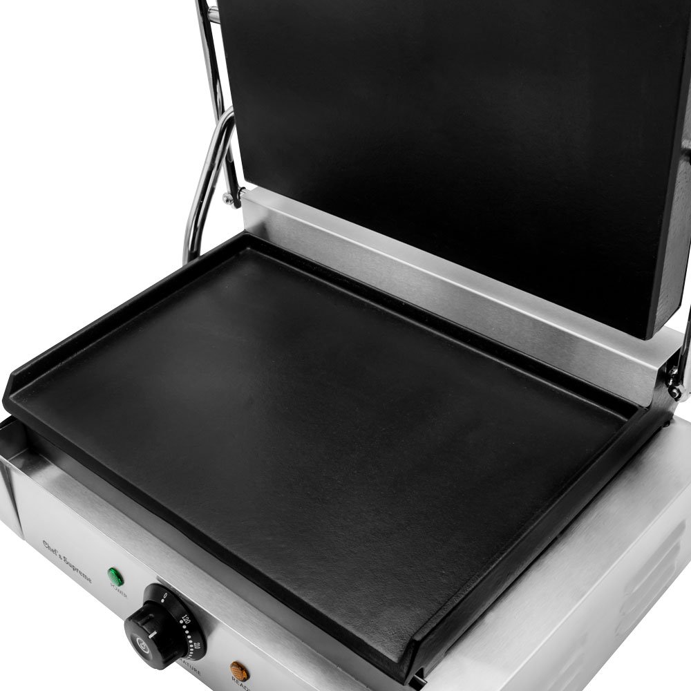 Chef Supreme Commercial Panini Press, 120V 2200W Non-Stick Cast Iron Flat Plate, Stainless Steel with Temperature Control 120F - 570F, Perfect for Hamburgers, Steaks, Vegetables, Breakfast, Sandwiches