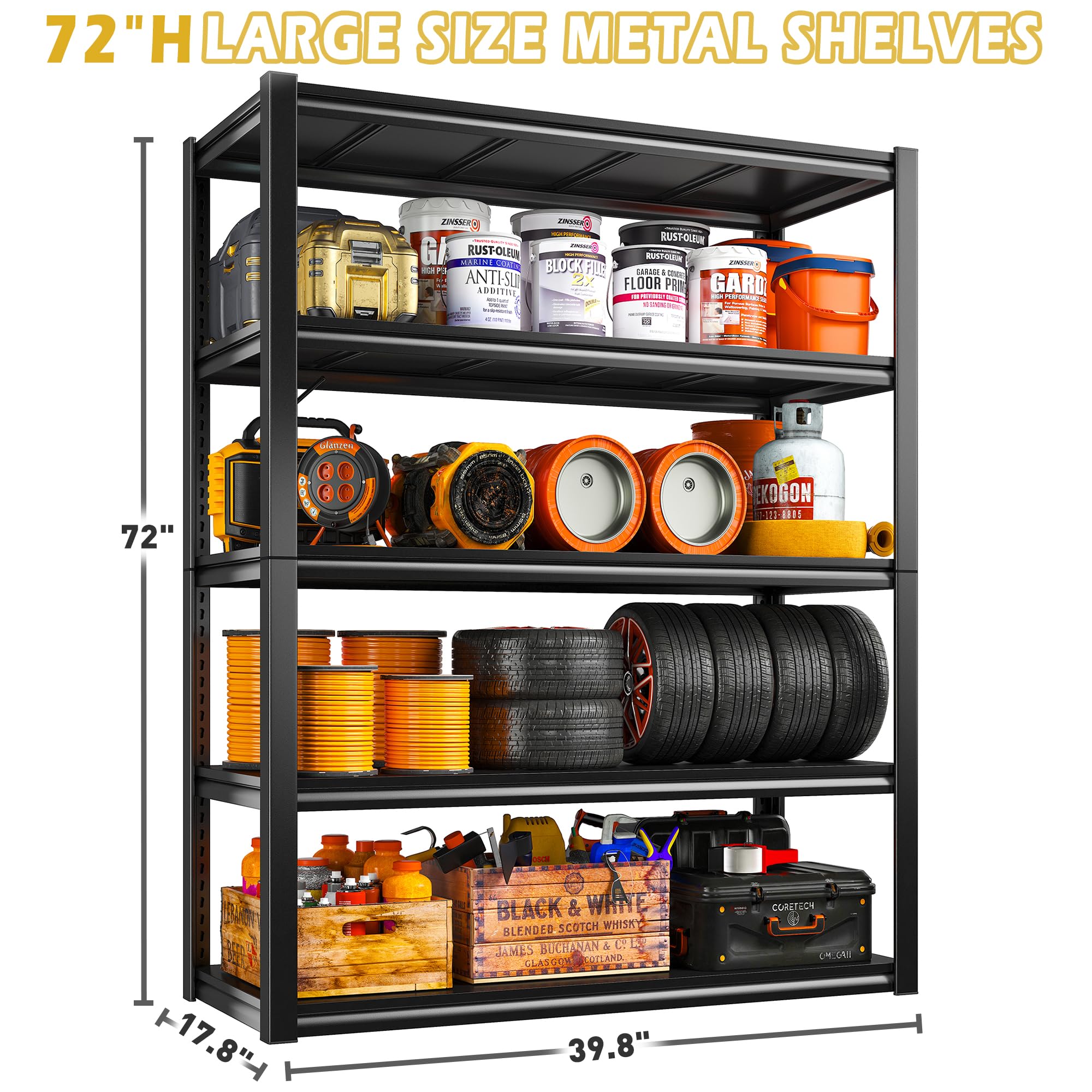 REIBII Garage Storage Shelves Heavy Duty Garage Shelving 72" Adjustable Metal Shelves for Storage 5-Tier Garage Shelves Heavy Duty 2500LBS Basement Kitchen Pantry Shelving Utility Shelves, 3 Pack