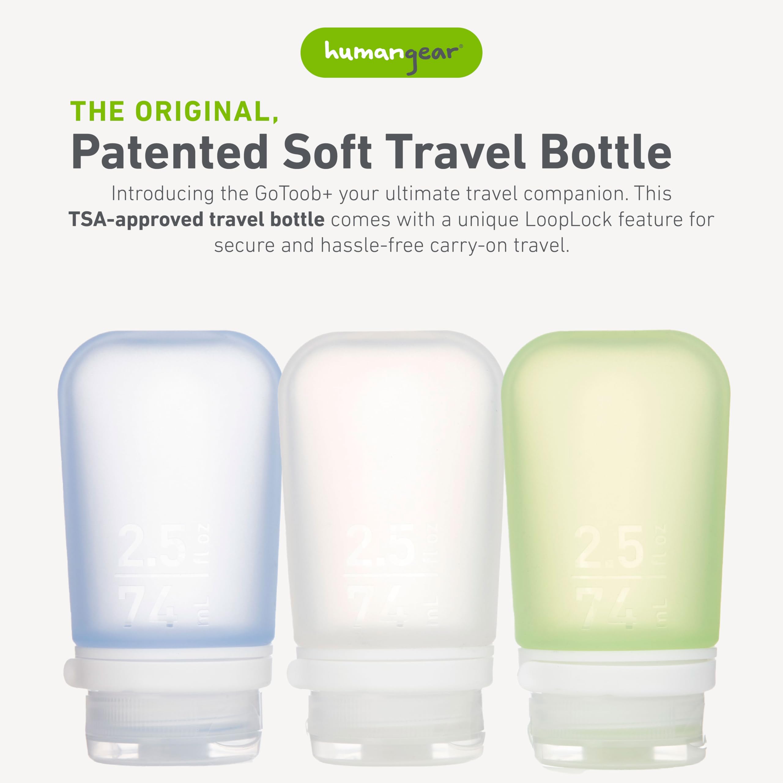 humangear GoToob+ 3-Pack (Medium) | Refillable Silicone Travel Bottle | Locking Lid | Food-Safe Material, Clear/Green/Blue, Medium (2.5 fl.oz.; 74ml)
