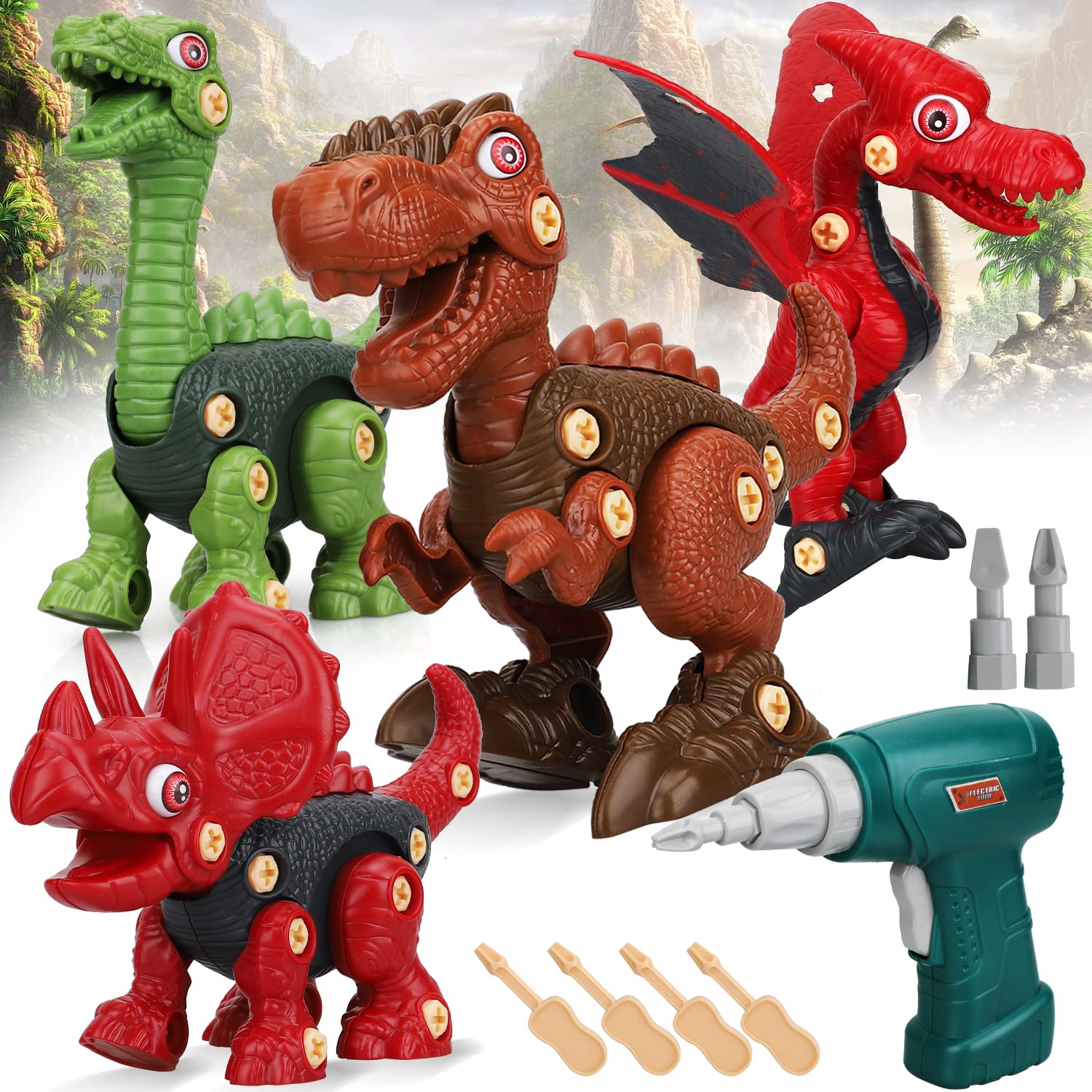 TOY Life 4-Pack Take Apart Dinosaur STEM Toys for Ages 3-12, Educational Building & Construction Set, Toddler Boys Gift, Preschool Learning Dinosaur Games with Tools