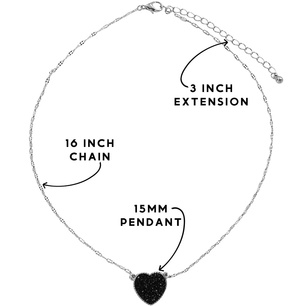 Humble Chic NY Black Heart Necklace, Silver Tone - Women's Preppy Black Necklace, Simulated Druzy Chain, Black Pendant